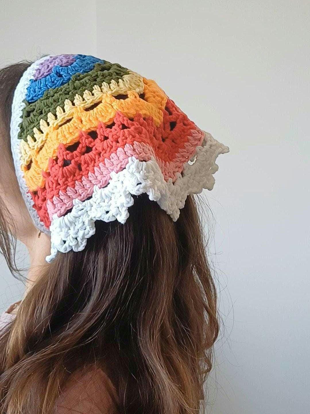 Handmade Rainbow Crochet Bandana, Boho Triangle Head Scarf, Colorful ...