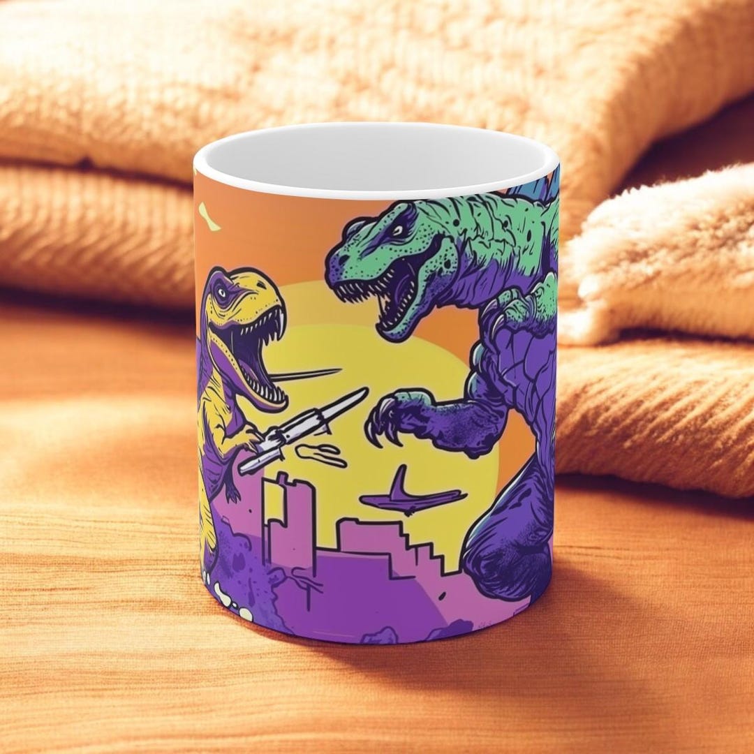 Dino City Sunset Battle Godzilla Mug 11oz Mug, - Etsy