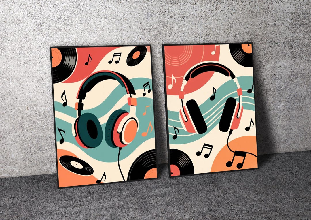 Colorful Retro Headphones Wall Art Set – Mid Century Modern Music ...