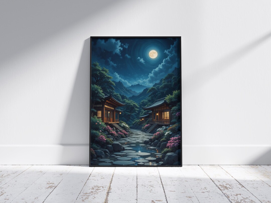 Japanese Temple Moonlight Print | Night Landscape Wall Art | Zen Asian ...