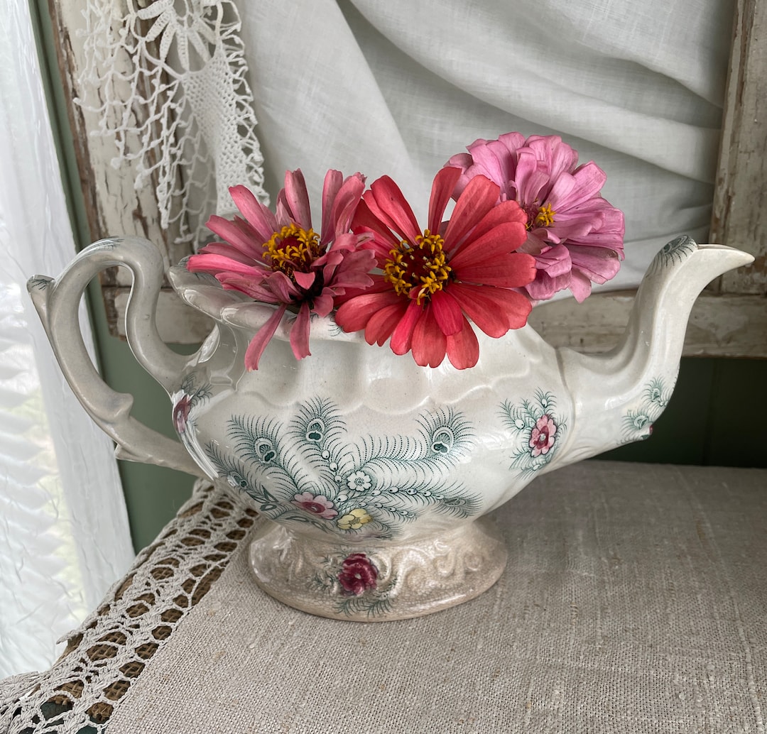 Transferware Pottery Teapot Soft Paste Staffordshire Floral Arrangement ...