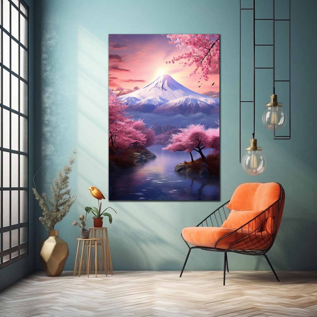 Mount Fuji Wall Decor,mount Fuji City Glass Art,cherry Blossom Wall Art ...