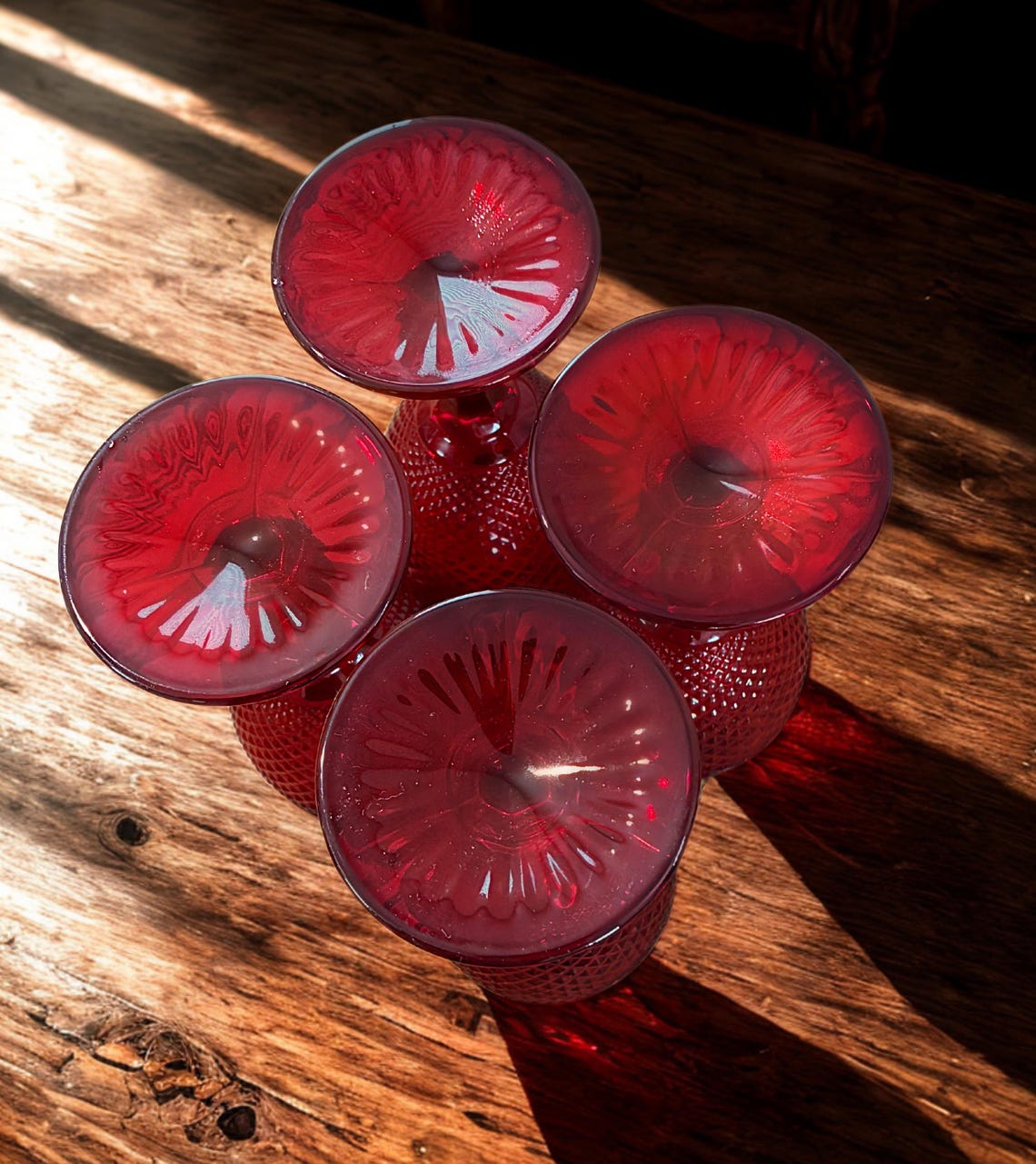 RARE Vintage Red Pressed Glass Wine Goblets - Ivima - Diamond Point ...