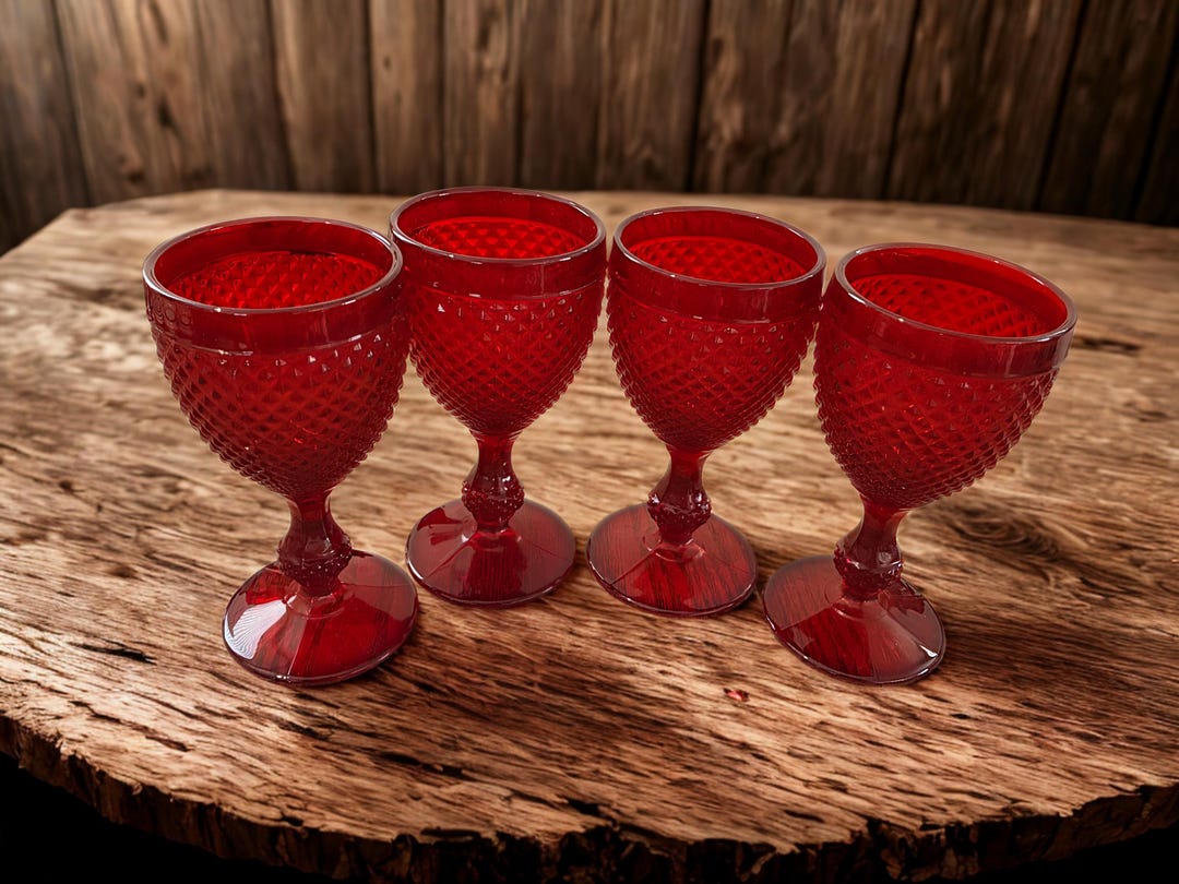RARE Vintage Red Pressed Glass Wine Goblets - Ivima - Diamond Point ...