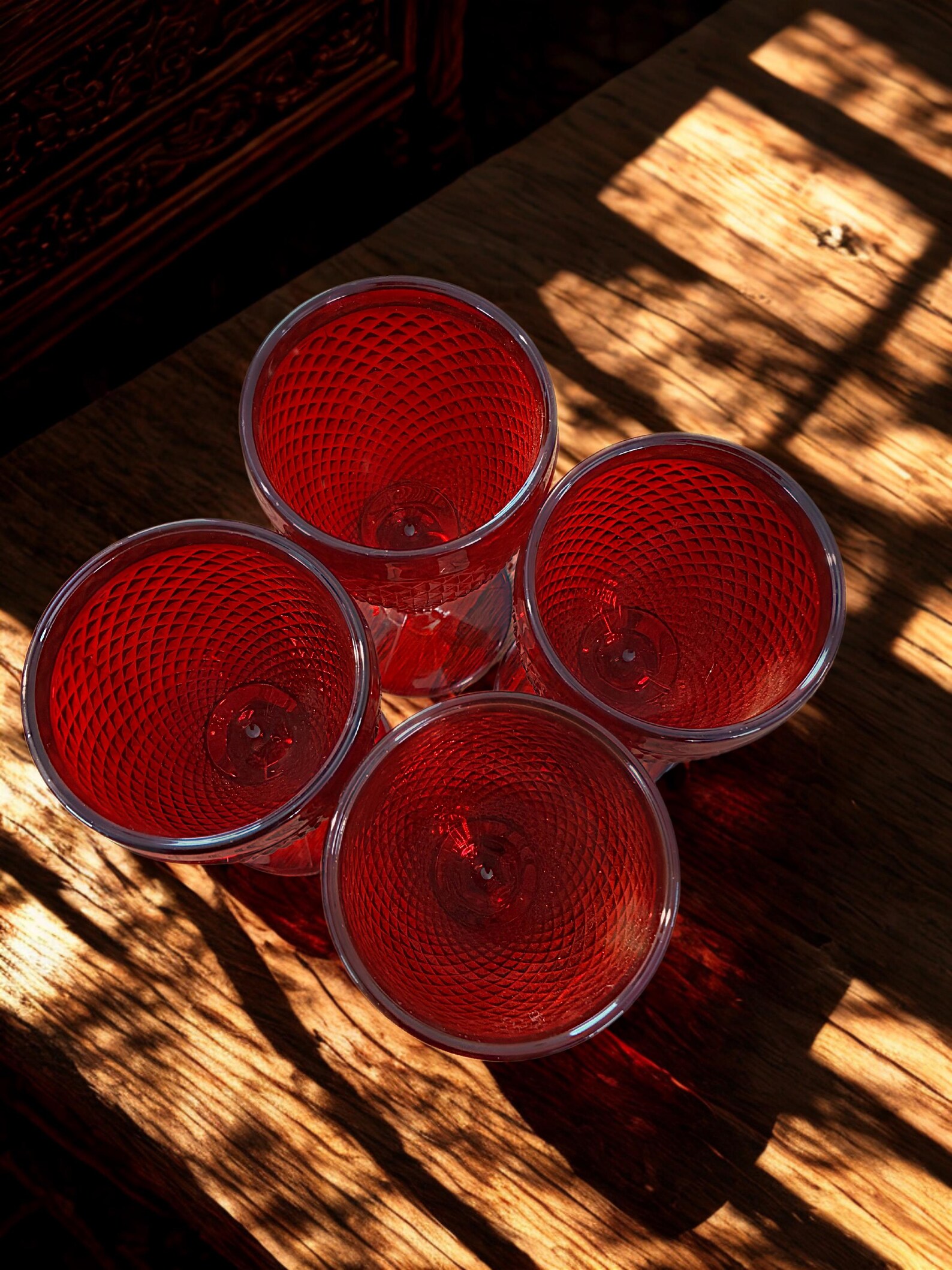 RARE Vintage Red Pressed Glass Wine Goblets - Ivima - Diamond Point ...