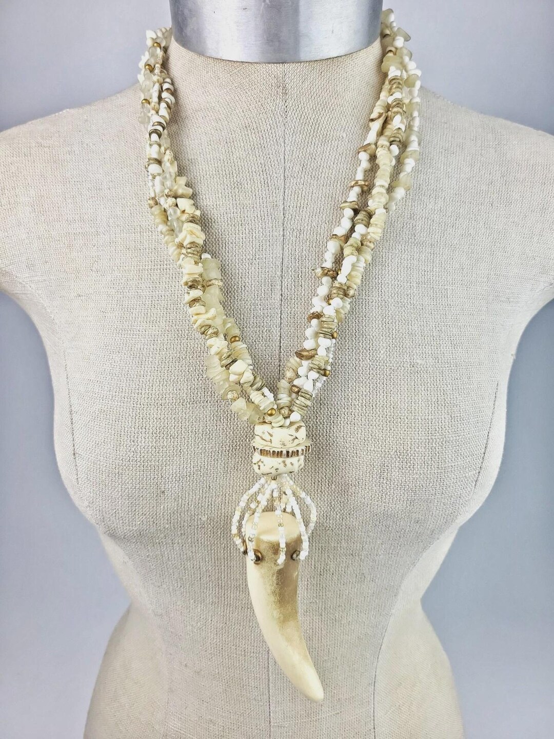 Sobral Africa Large Tusk & 3 Strand White Gold Pebble Beads Artist Made ...