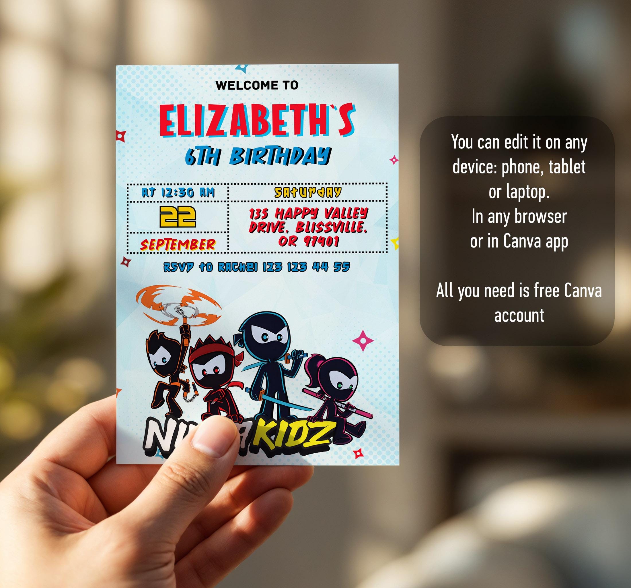 Ninja Kidz Editable Printable Invitation, Boy Girl Birthday Invitation ...