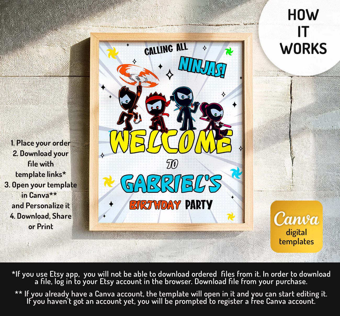 Ninja Kidz Welcome Sign Template, Printable Birthday Party Fighting ...