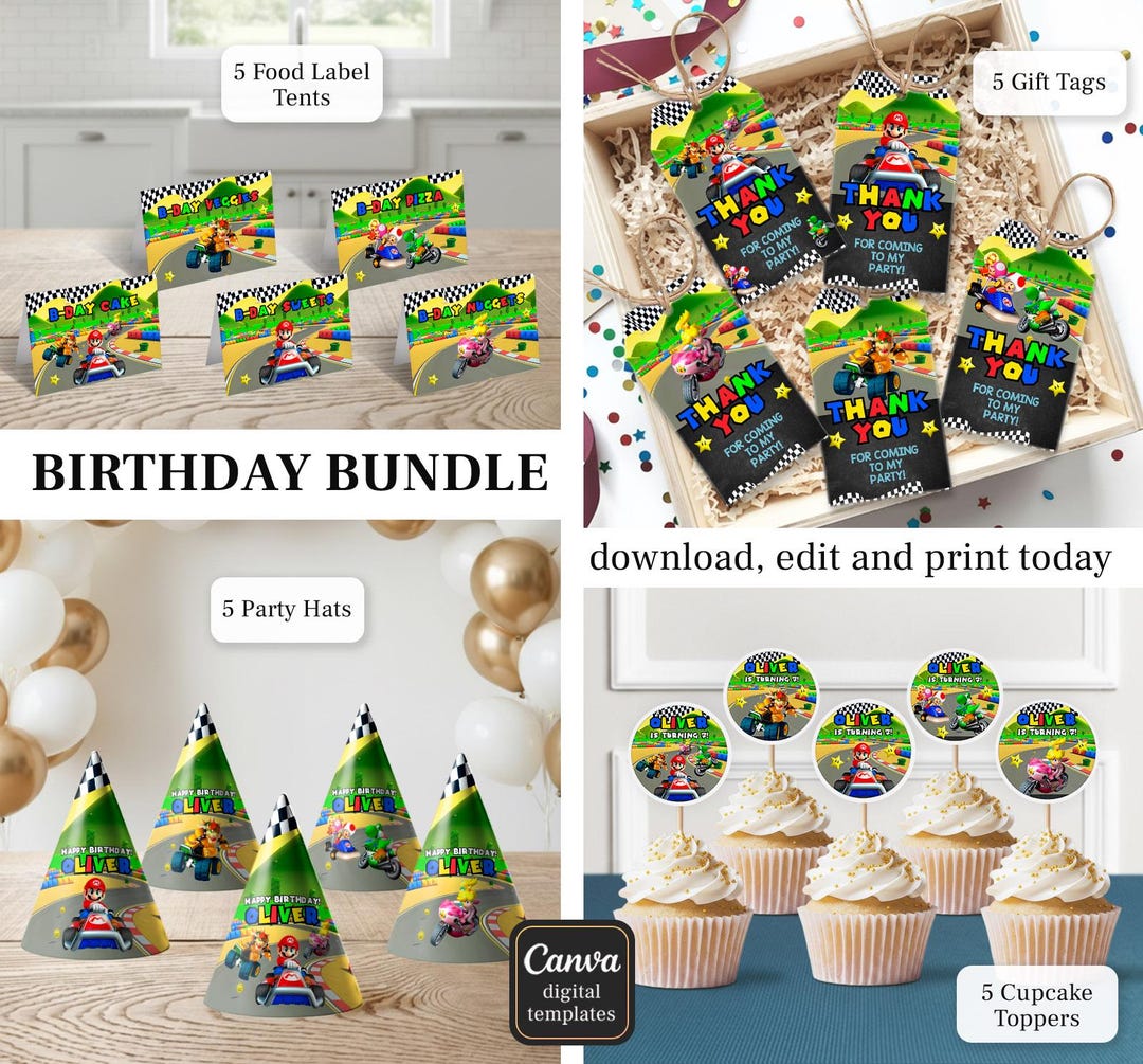 Mario Kart Party Bundle: Gift Tags, Cupcake Toppers, Table Tent, Party ...