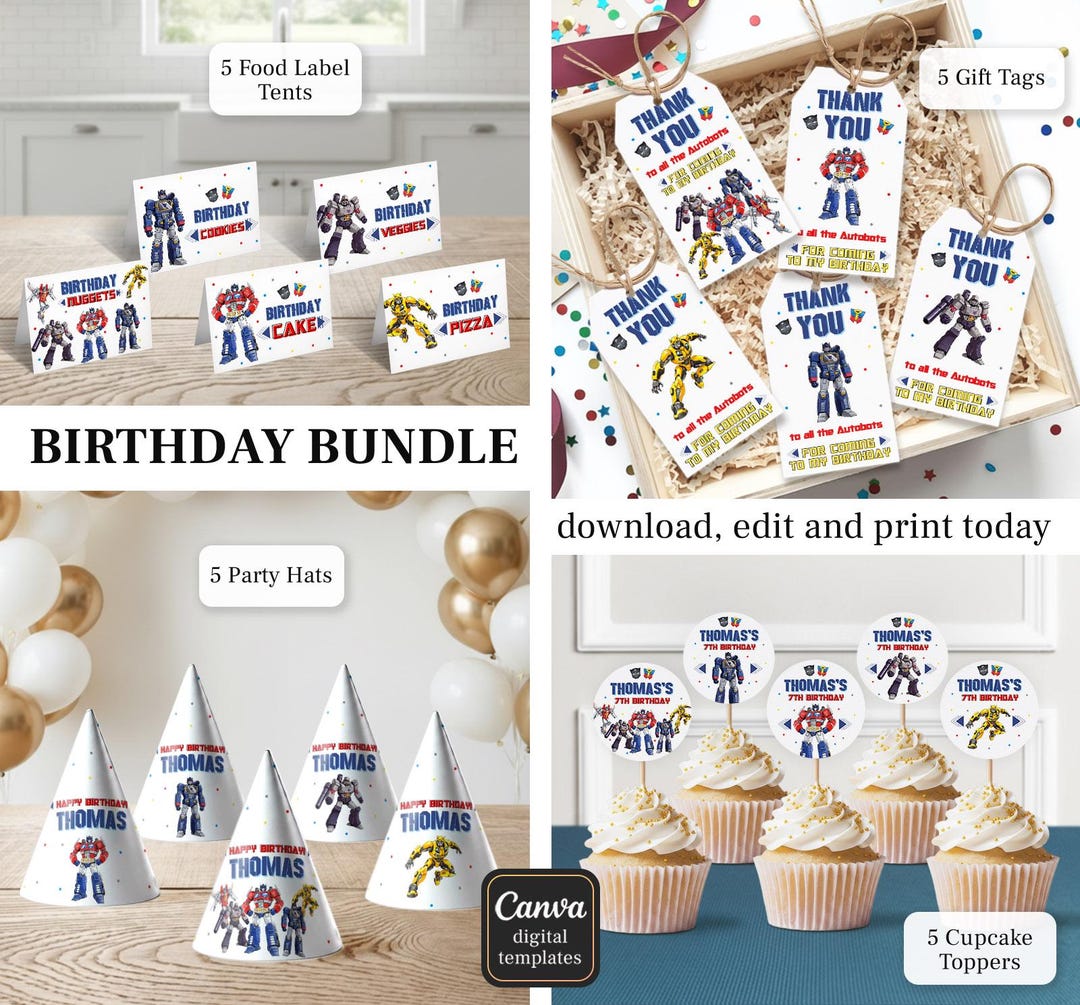 Transformers Party Bundle: Gift Tags, Cupcake Toppers, Table Tent ...