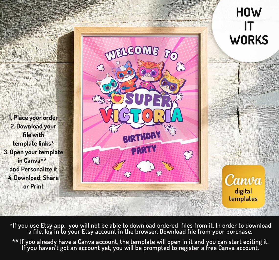 Superkitties Welcome Sign Template, Printable Birthday Party Super ...