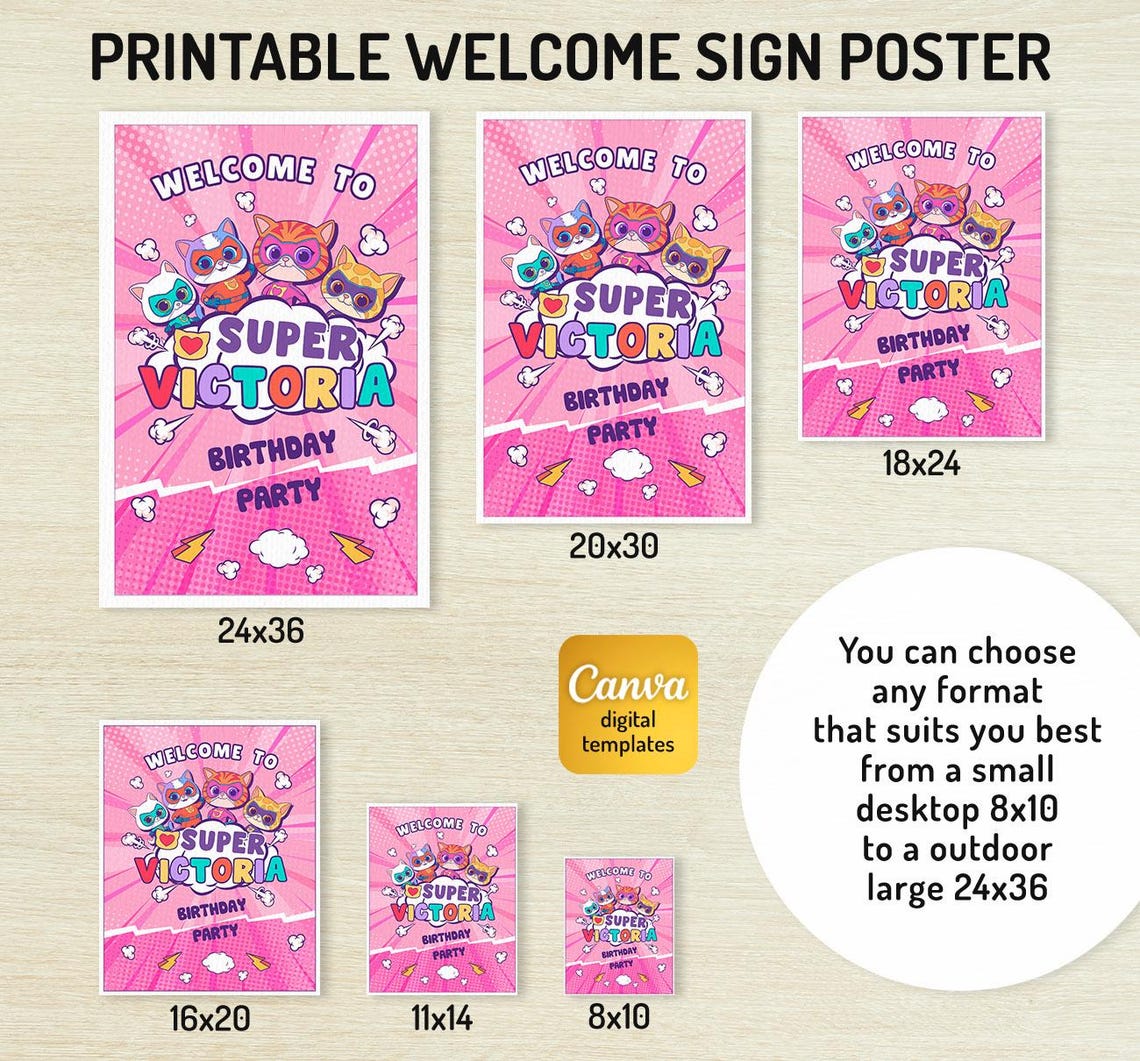 Superkitties Welcome Sign Template, Printable Birthday Party Super ...