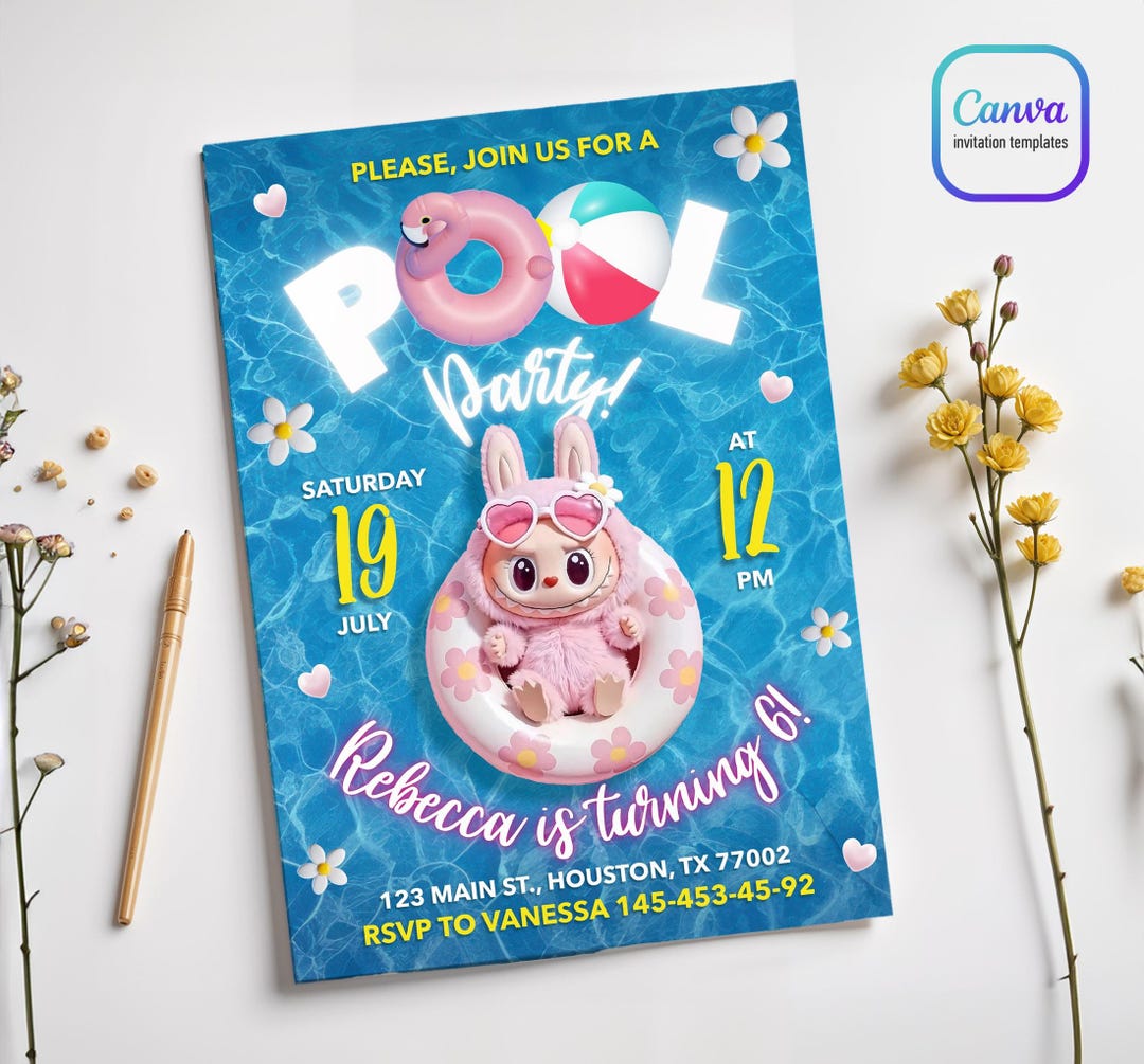 Labubu Pool Party Invitation, Digital Birthday Invite, Editable Labubu ...