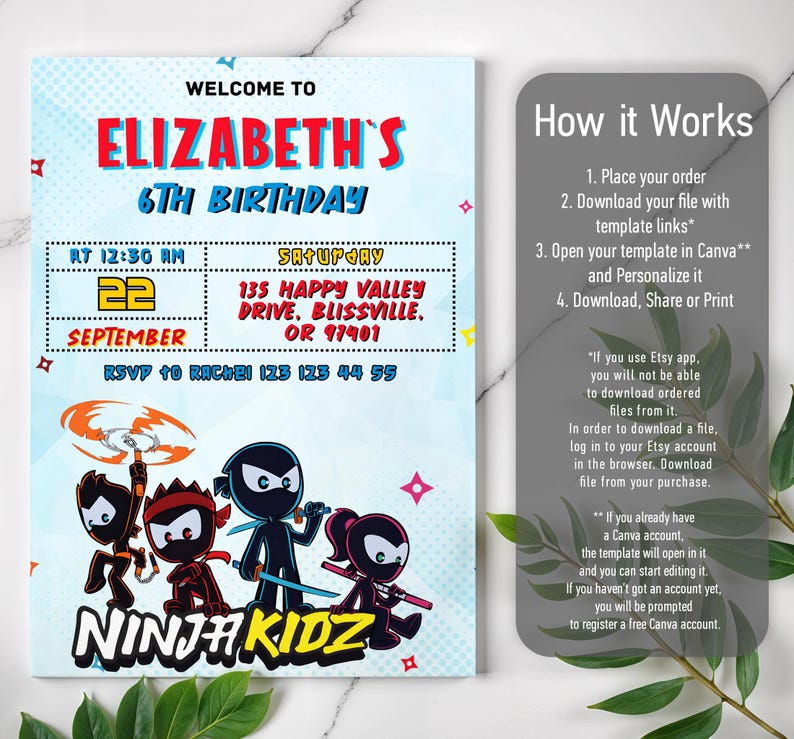 Ninja Kidz Editable Printable Invitation, Boy Girl Birthday Invitation ...