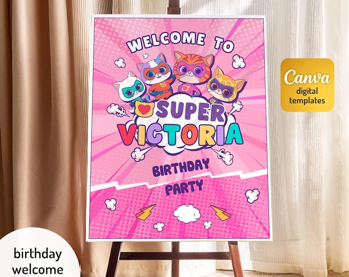 Superkitties Welcome Sign Template, Printable Birthday Party Super ...