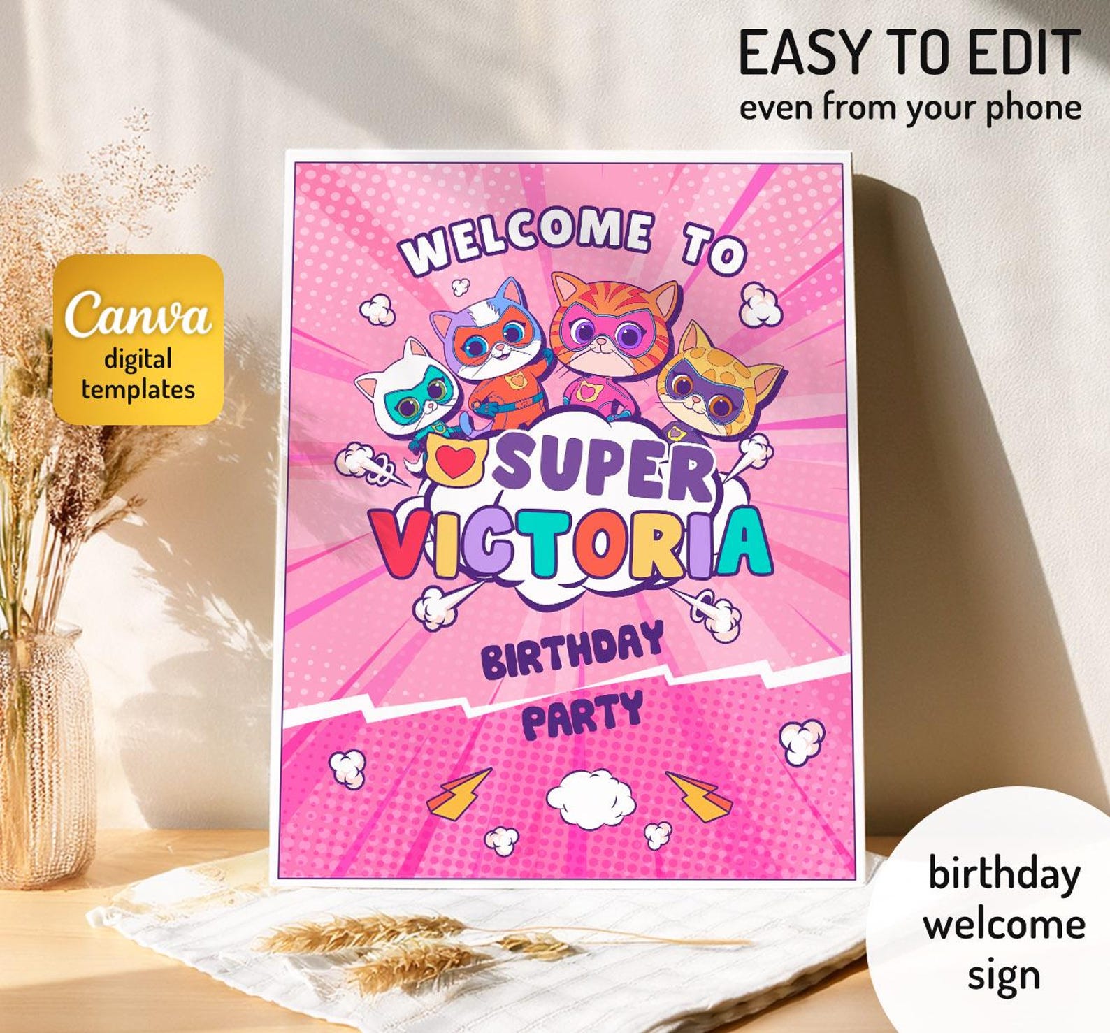 Superkitties Welcome Sign Template, Printable Birthday Party Super ...