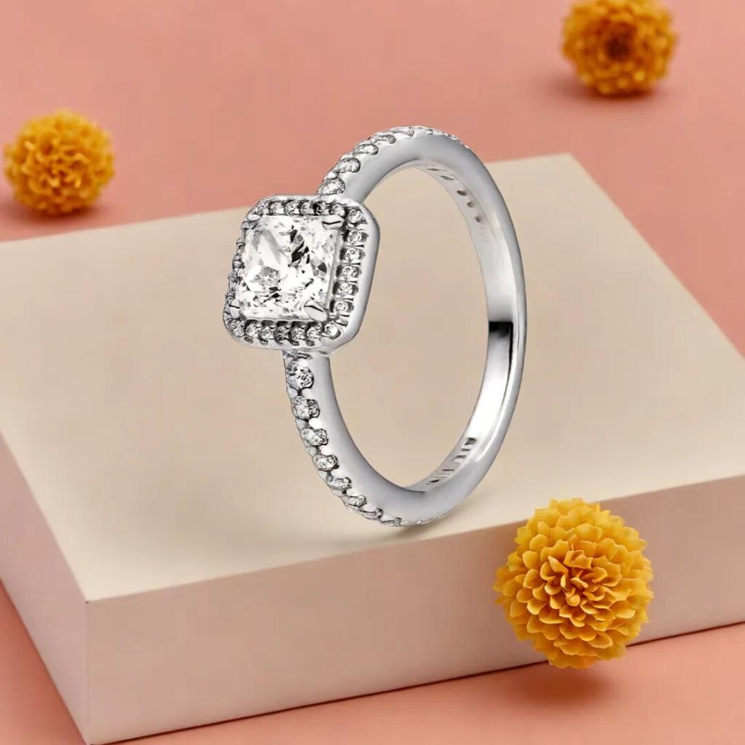 Silver Square Halo Ring Handmade Square-cut Ring Stone Women Ring ...