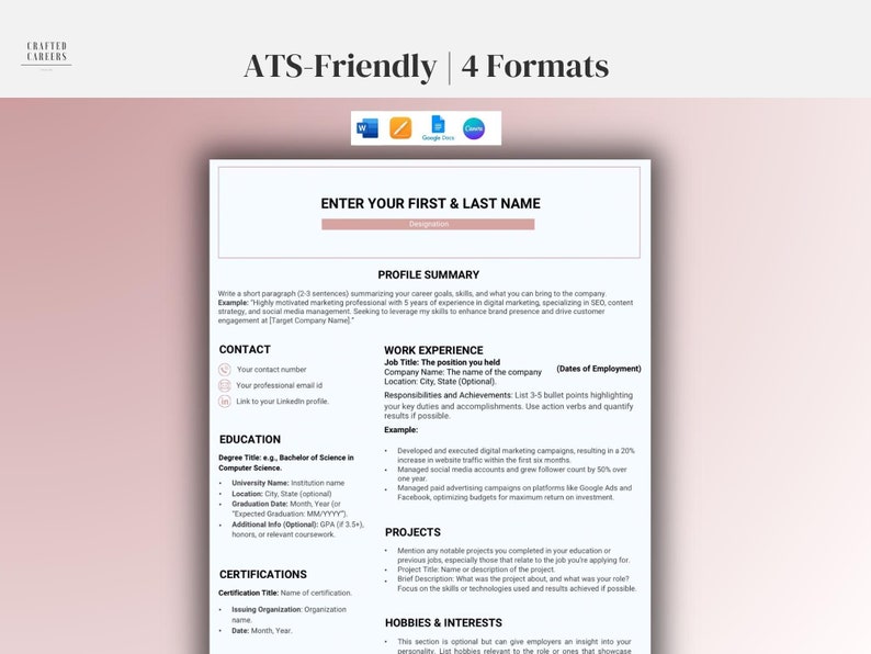 ATS Friendly Resume Template for Microsoft Word and Google Docs, Cover ...