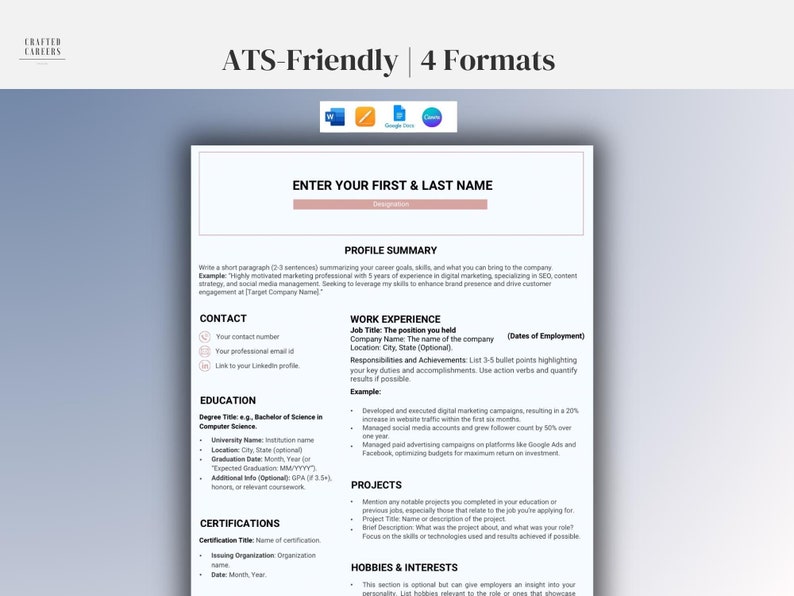 ATS Friendly Resume Template for Microsoft Word and Google Docs, Cover ...