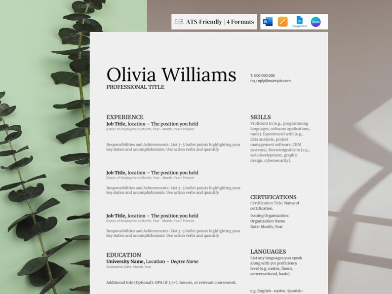 ATS Friendly Resume Template for Microsoft Word and Google Docs, Cover ...