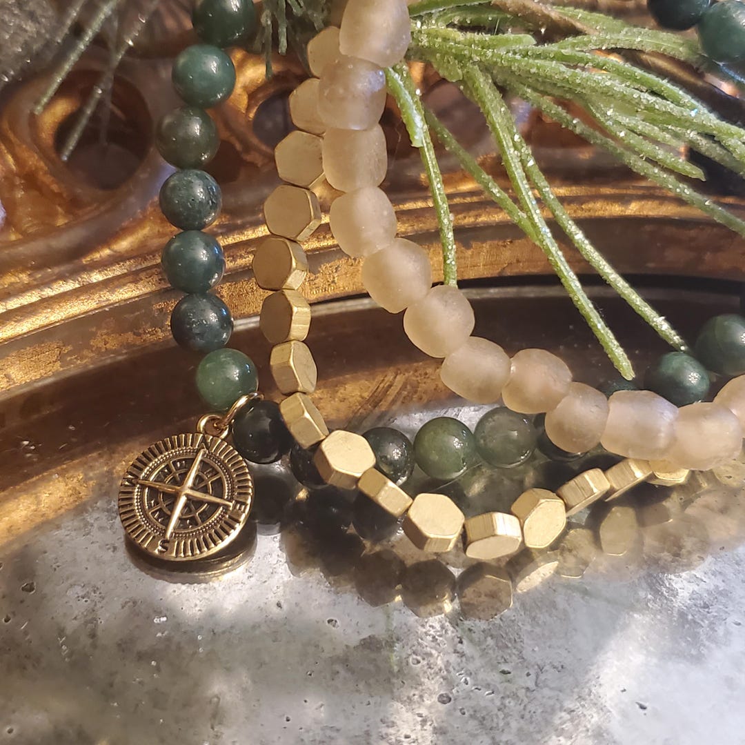 Set of 3 Jade, Glass and Gold Beads Antiqued Brass Vintage Compass ...