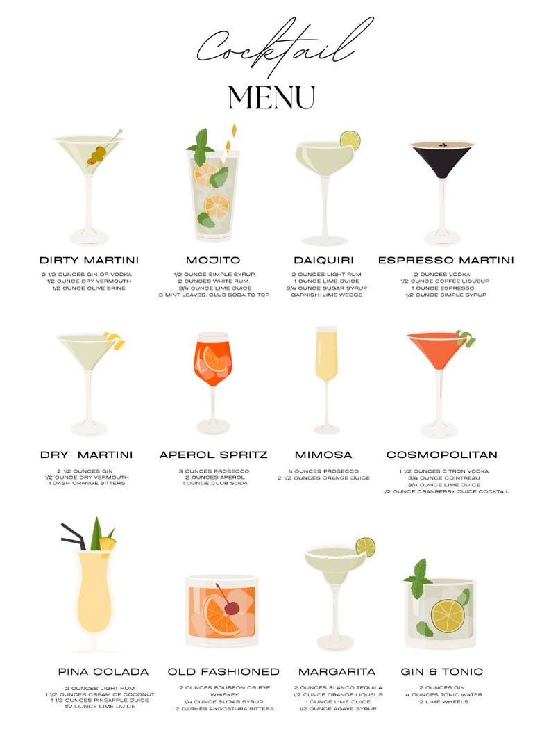 Classic Cocktails Menu & Recipes - Etsy