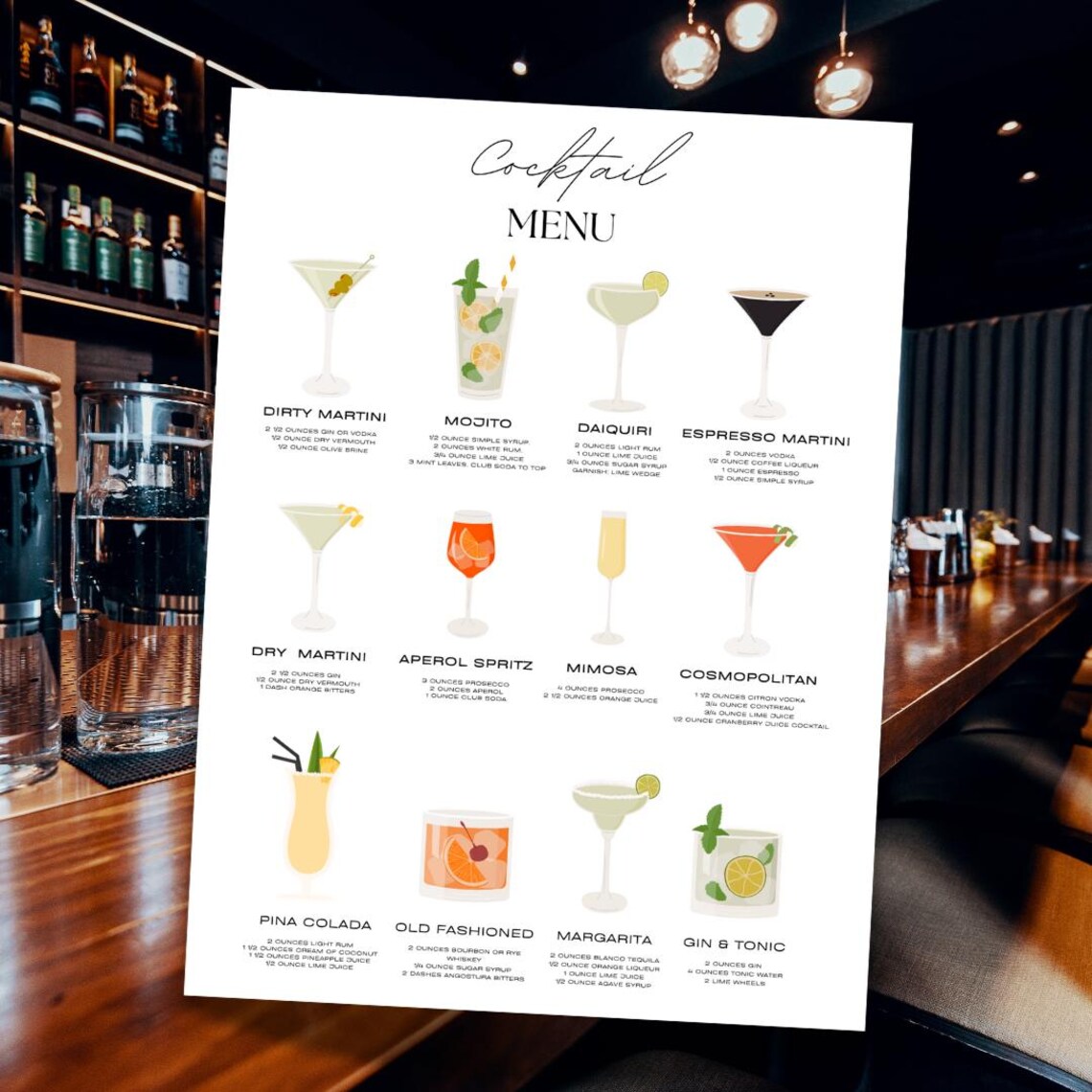 Classic Cocktails Menu & Recipes - Etsy