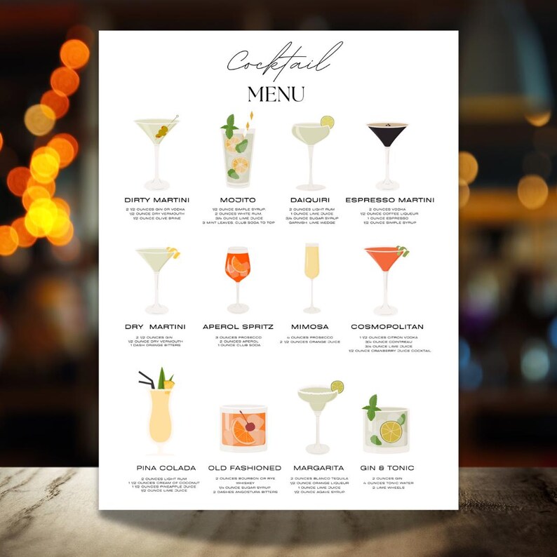 Classic Cocktails Menu & Recipes - Etsy