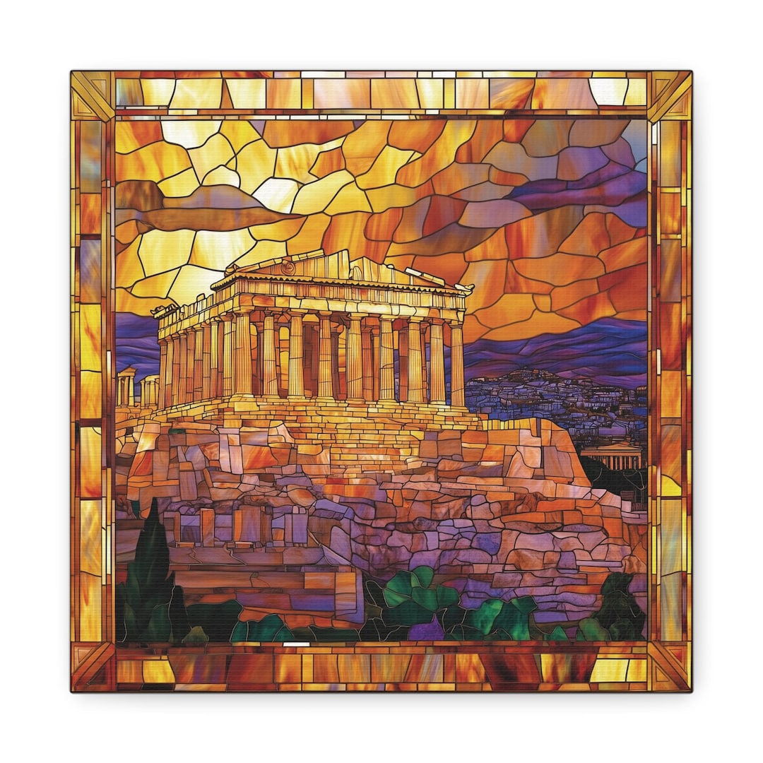 Golden Acropolis Stained Glass Canvas Art of Ancient Greece Faux ...