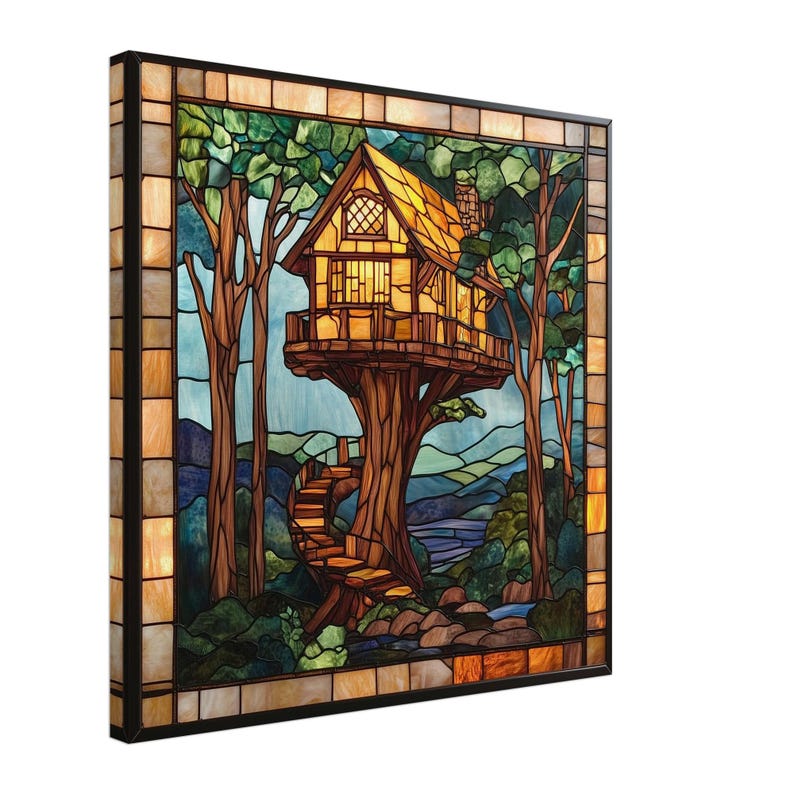 Whimsical Treehouse, Stained Glass Canvas Art of a Treehouse Nestled in ...