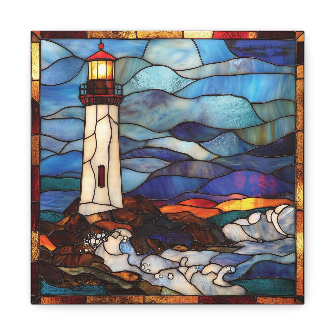 Coastal Beacon Lighthouse - Stained Glass Canvas Art With Vibrant Waves ...