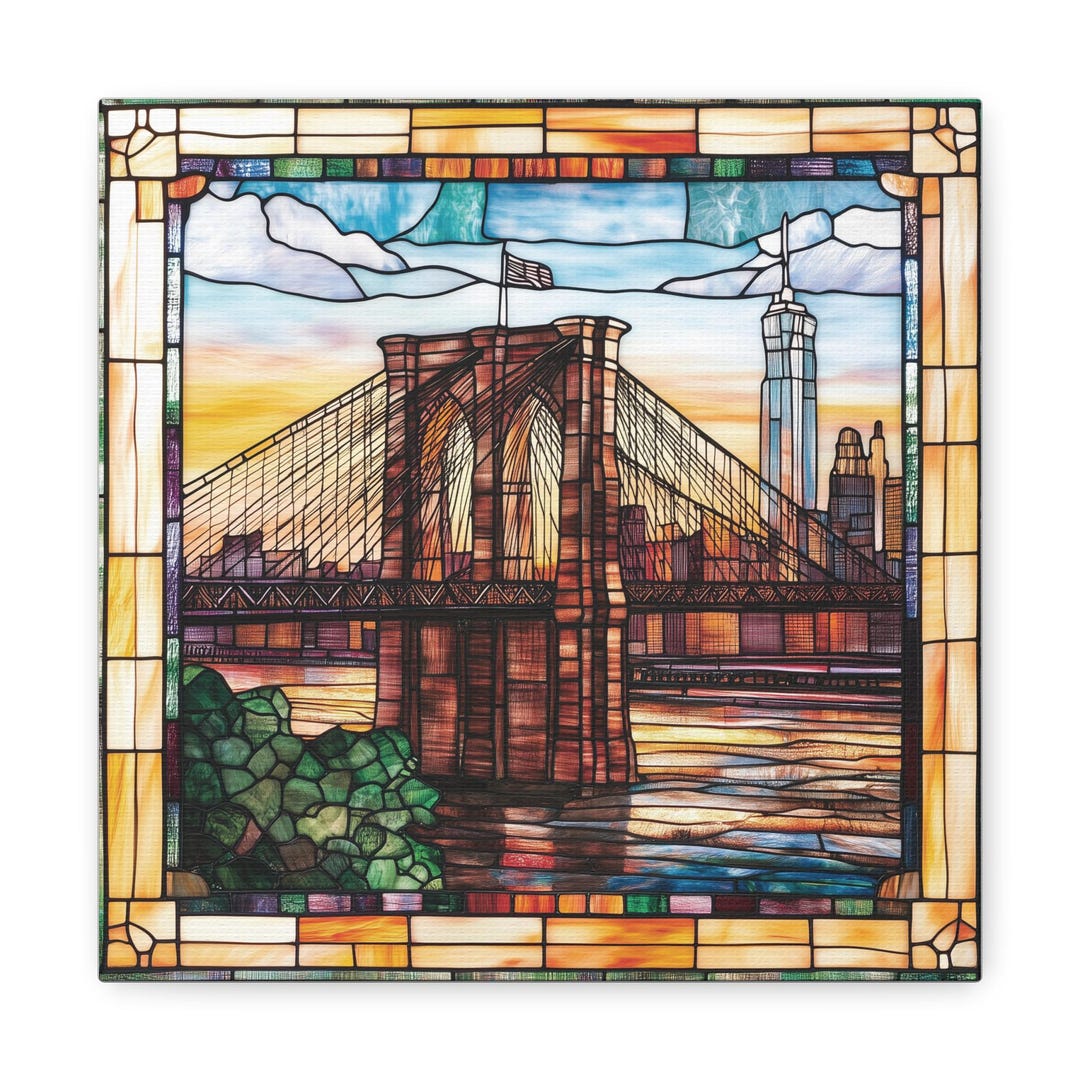 Brooklyn Bridge at Sunset Stained Glass Canvas Art of New York City ...