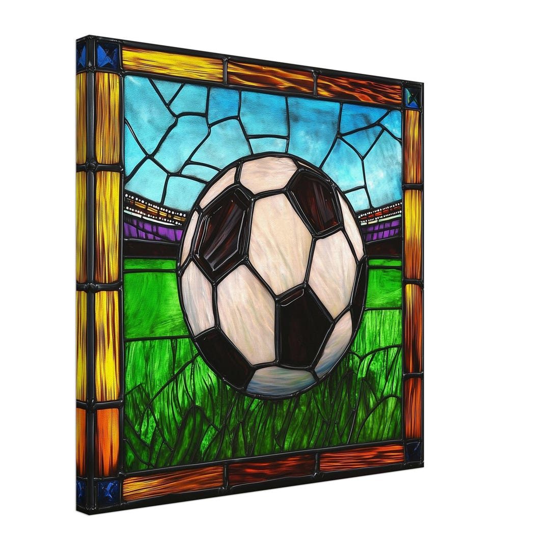 Soccer Stadium, Stained Glass Canvas Art of a Soccer Ball on a Pitch ...