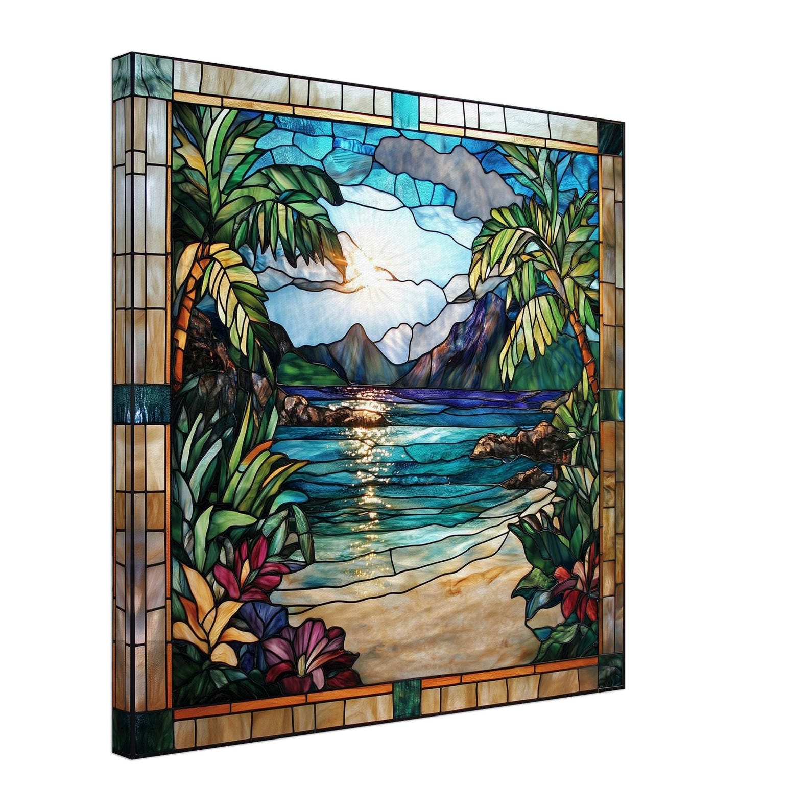Tropical Paradise, Stained Glass Canvas Art of a Tropical Island, Faux ...