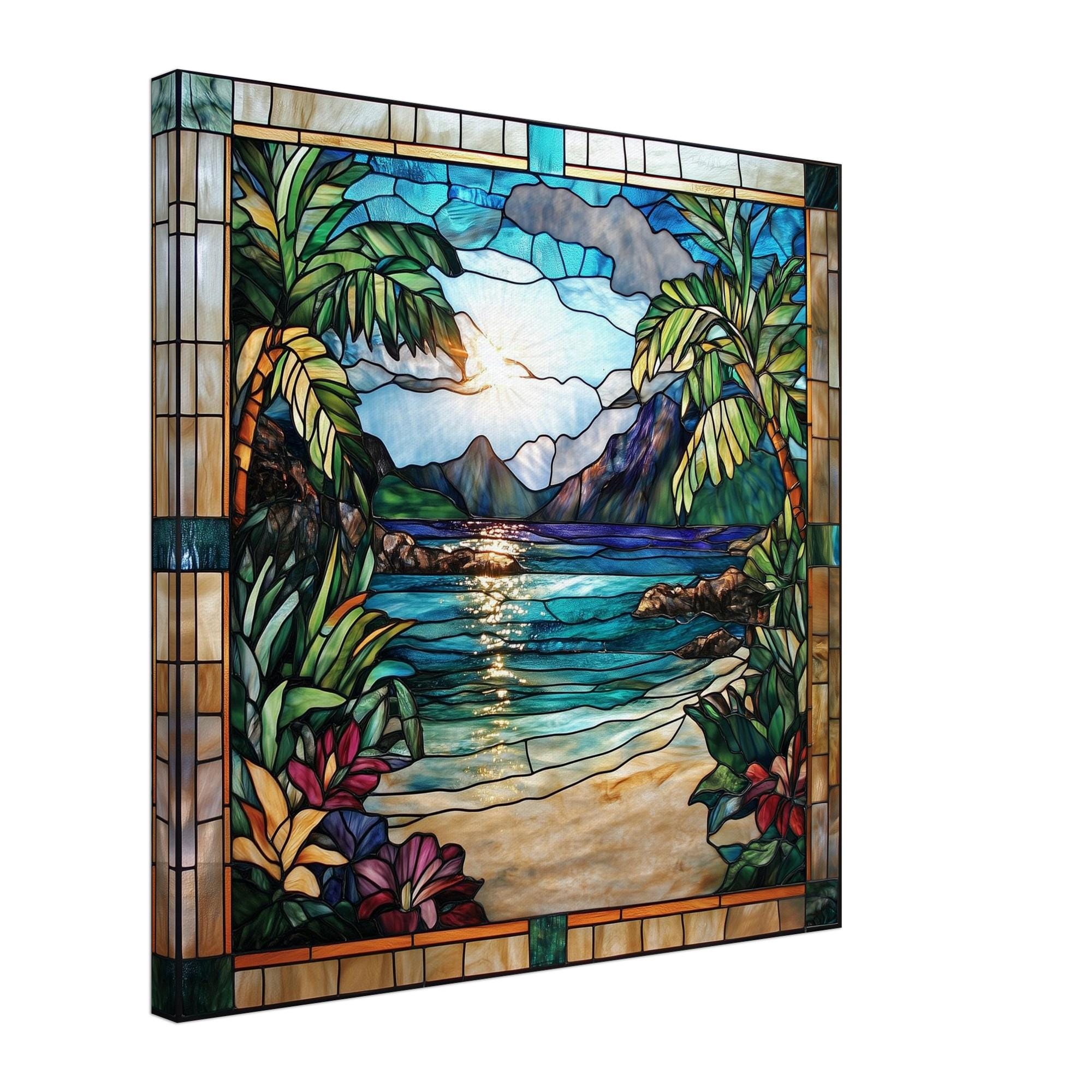 Tropical Paradise, Stained Glass Canvas Art of a Tropical Island, Faux ...