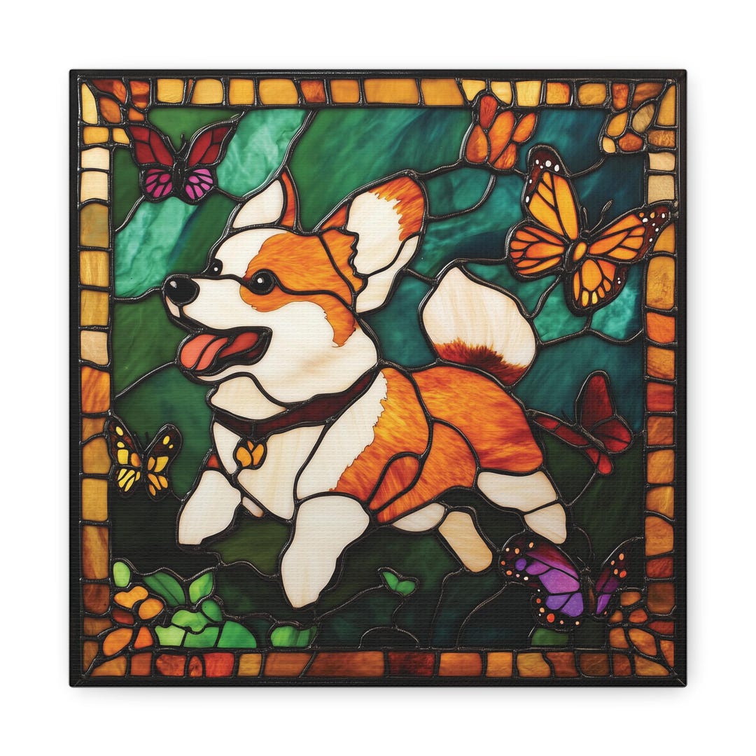 Playful Corgi and Butterflies Stained Glass Canvas Art Faux Stained ...