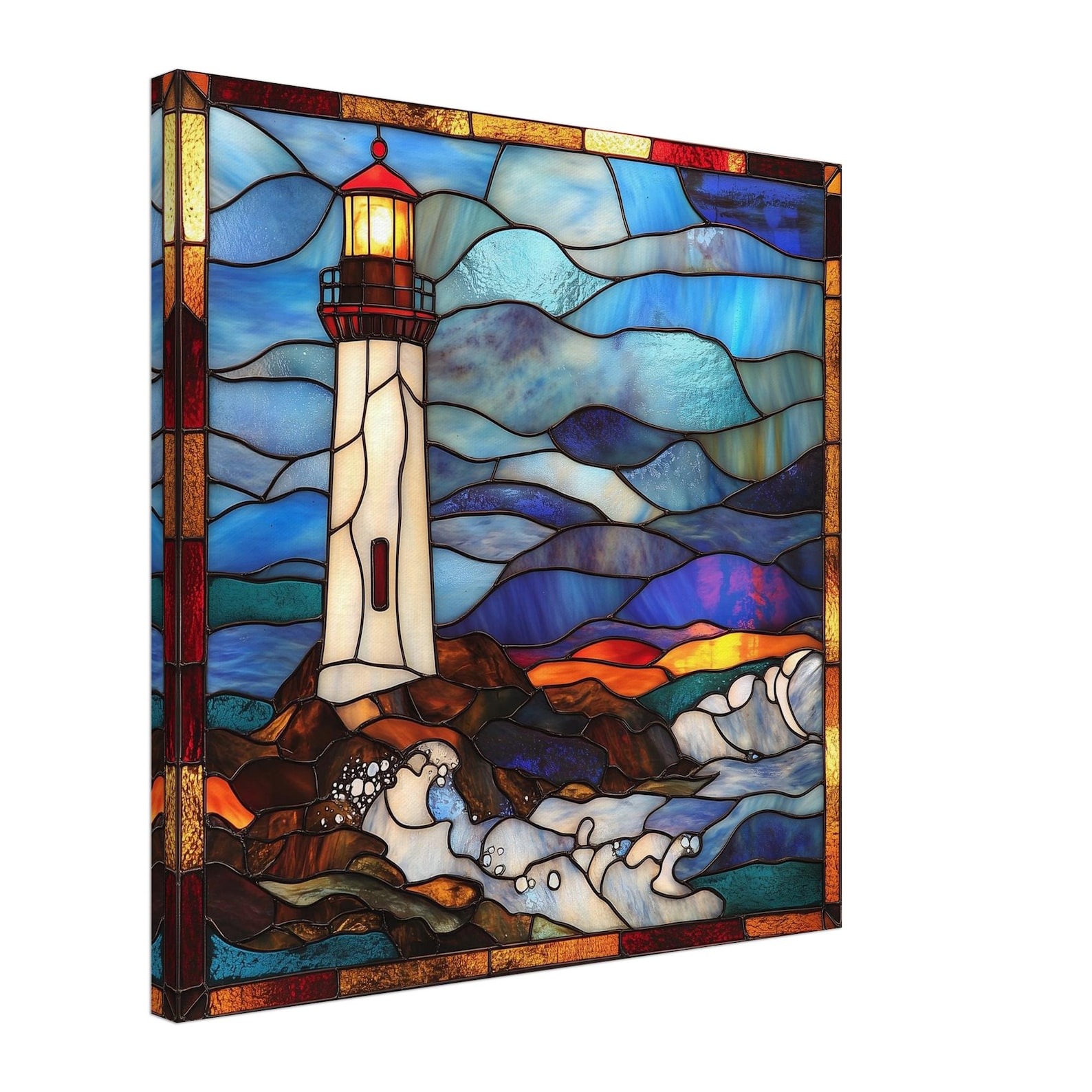 Beacon of Hope, Stained Glass Canvas Art of a Lighthouse, Faux Stained ...