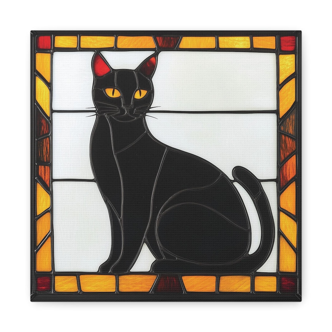 Black Cat Elegance Stained Glass Canvas Art of Feline Mystery Faux ...