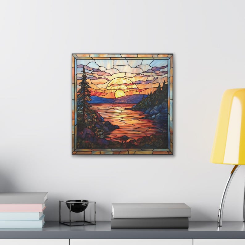 Golden Sunrise Stained Glass Canvas Art of a Coastal Sunrise Faux ...