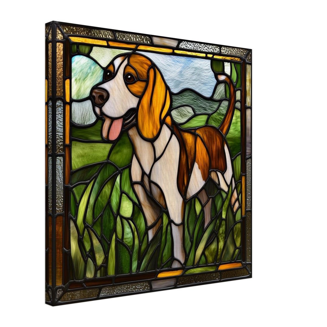Gentle Beagle in Bloom, Stained Glass Canvas Art of a Beagle, Faux ...