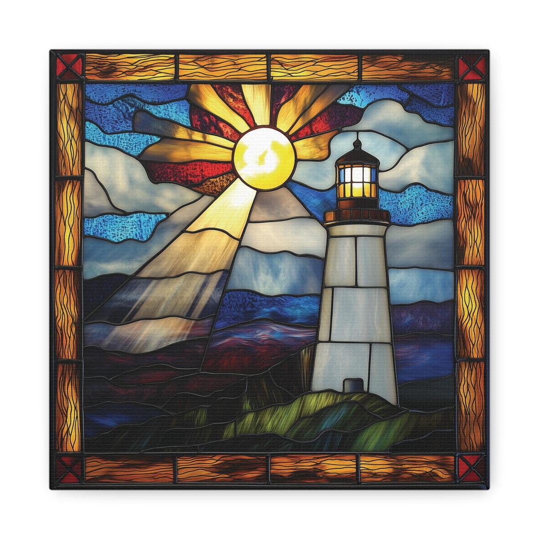 Beacon of Hope - Stained Glass Canvas Art of a Lighthouse With Sunlit ...