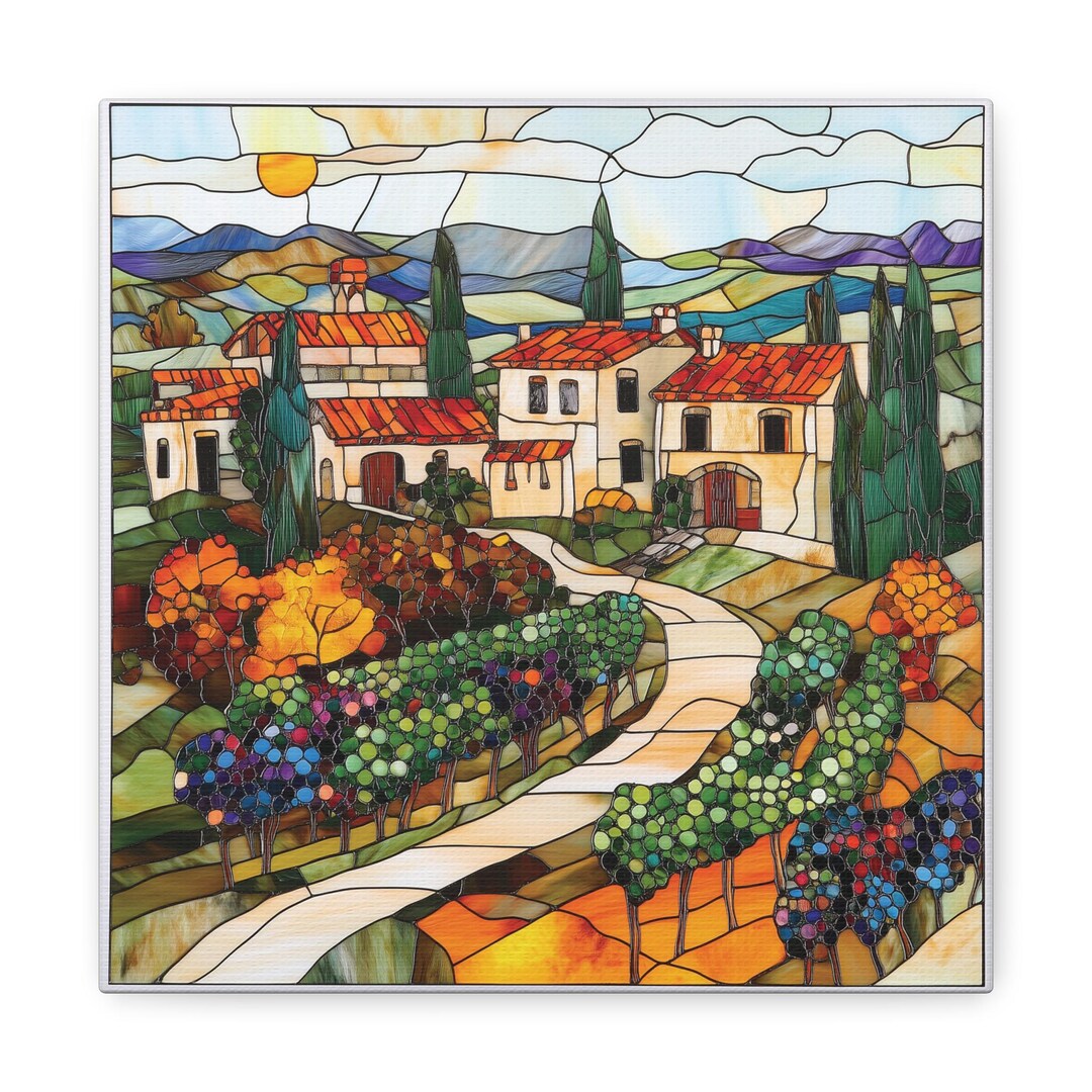 Sunlit Tuscany Stained Glass Painting Canvas Art of Italian Vineyard ...