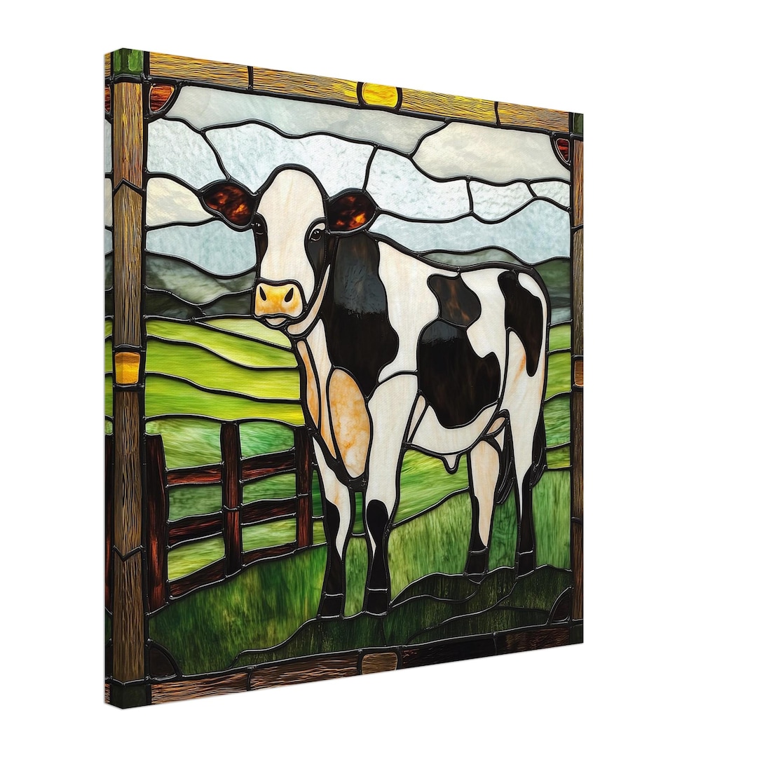 Holstein Cow in Field, Stained Glass Canvas Art of Farm Animal, Faux ...