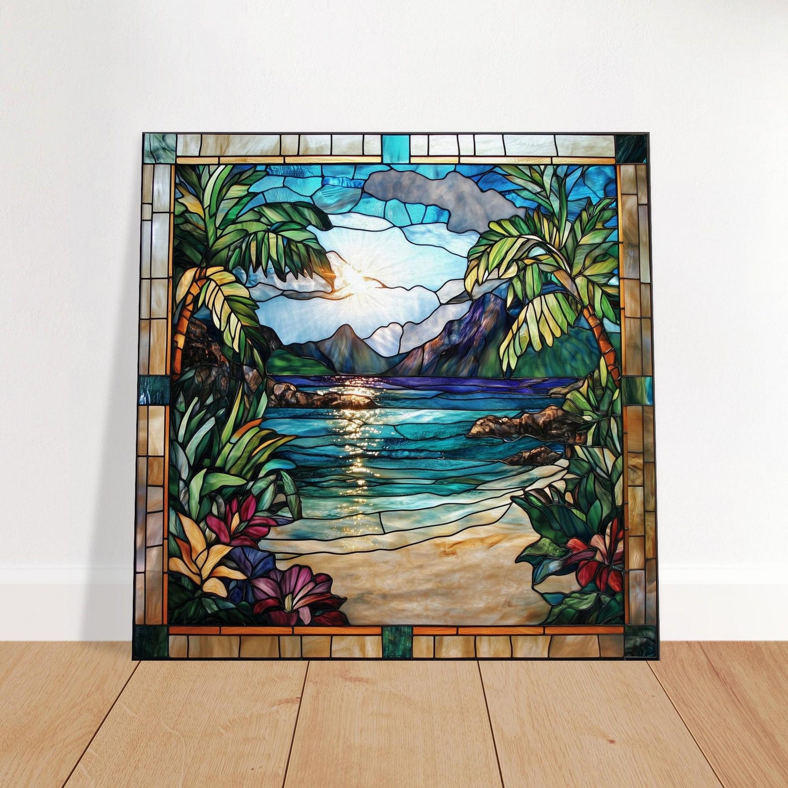 Tropical Paradise, Stained Glass Canvas Art of a Tropical Island, Faux ...