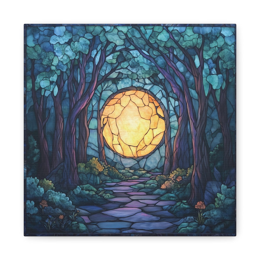 Enchanted Forest Portal Stained Glass Canvas Art Mystical Moonlit Wall ...