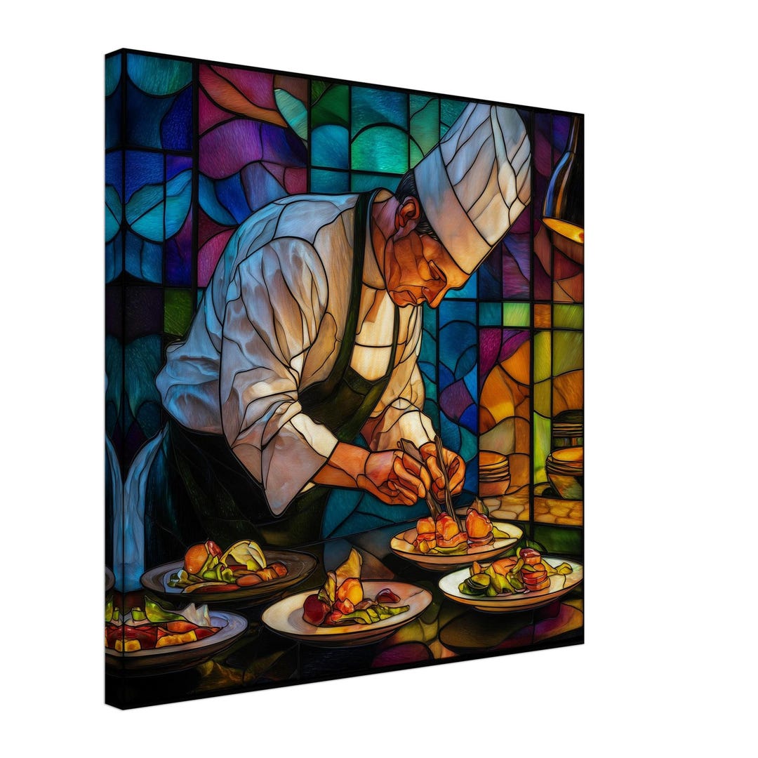 Culinary Creation, Stained Glass Canvas Art of a Chef Plating Food ...