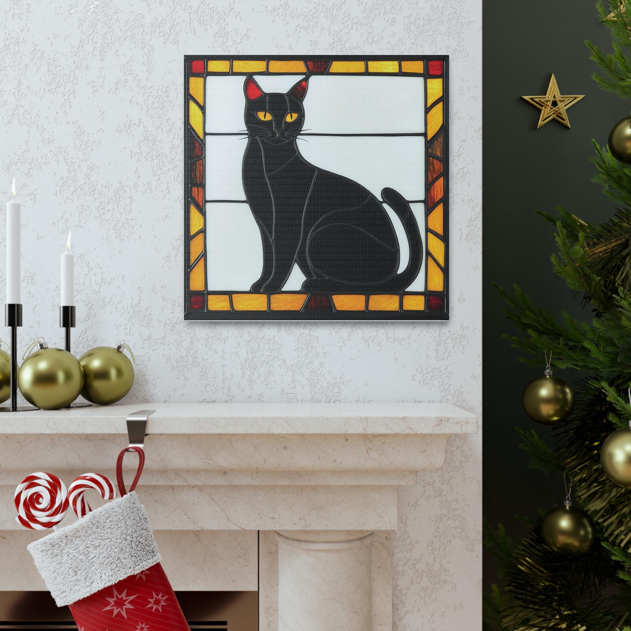 Black Cat Elegance Stained Glass Canvas Art of Feline Mystery Faux ...