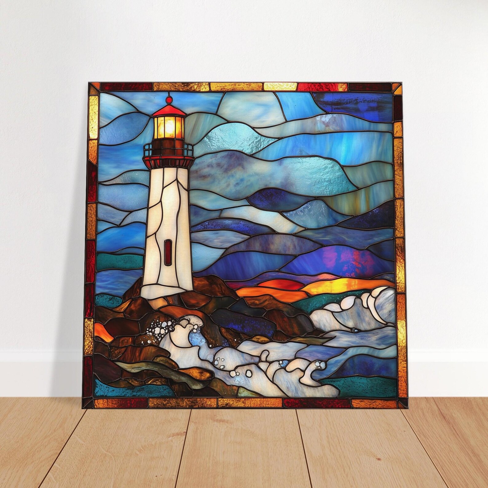 Beacon of Hope, Stained Glass Canvas Art of a Lighthouse, Faux Stained ...