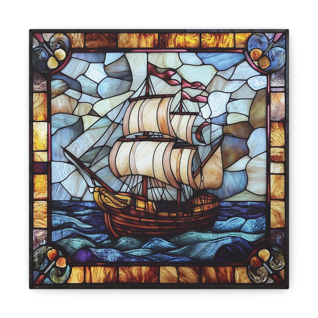 Sailing the Seas - Stained Glass Canvas Art of a Pirate Ship With ...