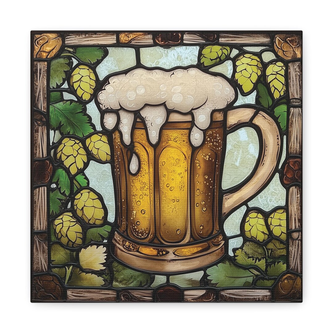 Golden Brew, Stained Glass Canvas Art of a Beer Mug With Hops, Faux ...